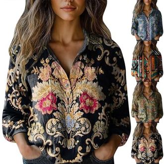 Generic HUIFUAO Chemise Femme Lin Coton Manche Longue Shirt Grande Taille Chemise et Blouses Chic et &eacute;l&eacute;gant Haut Basique Imprim&eacute; Tunique Tops avec Poche (A01