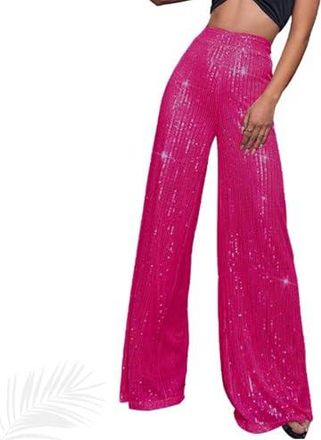 Generic Pantalon palazzo taille haute &agrave; paillettes pour femme - Pantalon de f&ecirc;te scintillant, rose fonc&eacute;, XXL