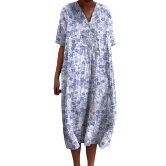 FNKDOR Robes Femme Vintage Couleur Unie Robes Midi Casual Col en V F&ecirc;ter Robe de Vacances &agrave; la Plage Mi-Longue Robes D&eacute;t&eacute; &agrave; Manches Courtes Grande Taille Amp