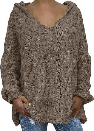 Generic 2026 Vestes dautomne d&eacute;contract&eacute;es pour femmes &agrave; manches longues en tricot &agrave; capuche manteau veste couleur unie tops pull, caf&eacute;, M