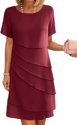 Minetom Femme Robe De Soiree F&ecirc;te Mousseline Dress De Ceremonie Mariage Cocktail Tulle Manches Courtes Volant&eacute;es Demoiselle dhonneur B Rouge XL