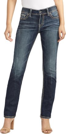 Silver Jeans Co Damen Suki Mid Rise Curvy Fit Straight Leg Jeans, Dunkle Vintage-Waschung mit Lurex-Stich, 34 W/36 L