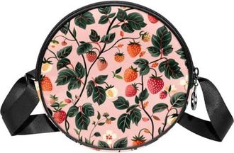 Generic Petit sac &agrave; bandouli&egrave;re circulaire pour femme, motif feuilles de fraises, sac &agrave; dos &agrave; bandouli&egrave;re avec fermeture &eacute;clair, bretelles r&eacute;glables, sac &agrave; ma