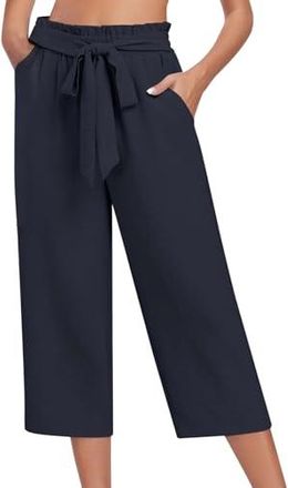 Generic Pantalon en coton et lin pour femme - Jambe large - Pantalon de plage d&eacute;t&eacute; pour femme - Confortable - Pantalon de yoga Palazzo XIYU26035, Noir, XXL