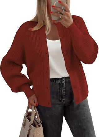 Zeagoo Cardigan Femme Court Tricot Col Rond Ouvert avec Boutons Pull &Eacute;l&eacute;gant D&eacute;contract&eacute; Gilet en Maille pour Femme Bordeaux XXL