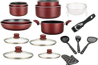 Herzberg Batterie de Cuisine - Set de Casseroles et Po&ecirc;les Induction 17 &Eacute;l&eacute;ments - Aluminium Forg&eacute; avec Rev&ecirc;tement Marbre - Poign&eacute;e Amovible - Anti-Adh&eacute;sif - T