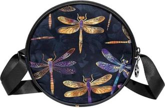 Generic Sac &agrave; bandouli&egrave;re rond pour femme, motif libellule avec fermeture &eacute;clair et bretelles r&eacute;glables