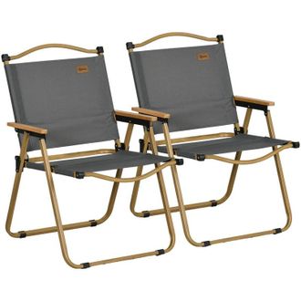 OUTSUNNY Lot de 2 chaises de plage camping pliantes - poign&eacute;e - structure acier aspect bois oxford gris