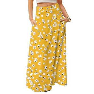Generic Jupe longue &agrave; motif floral pour femme - Jupe maxi fluide &agrave; taille haute et motif floral - Jupe en tricot normale et tendance - Rouge, jaune, XXL