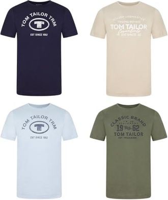 Tom Tailor Lot de 4 t-shirts dété en coton pour homme - Coupe droite - Col rond - Manches courtes - Logo imprimé - 100 % coton - Noir, blanc, vert, rouge, bleu, 
