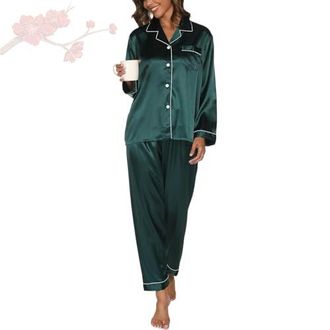 Generic Pyjama 2 pièces en soie pour femme, vêtement de nuit doux boutonné, ensemble de pyjama en satin pour femme, vert foncé, XXL