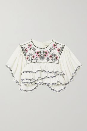 Isabel Marant Haut Raccourci En Cr&ecirc;pe De Chine &Agrave; Broderies Et &Agrave; Volants Sana - Blanc