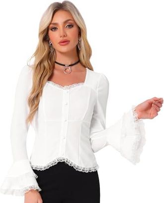Allegra K Haut Péplum Femme à Manches Longues Évasées avec Bordure en Dentelle Chemisier à Nouer dans Le Dos à et Col Carré Chemisier avec Boutons Décoratifs Bl