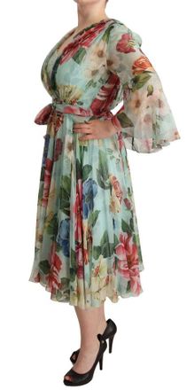 Dolce & Gabbana Womens Multicolor Green Floral Silk Wrap Midi Dress