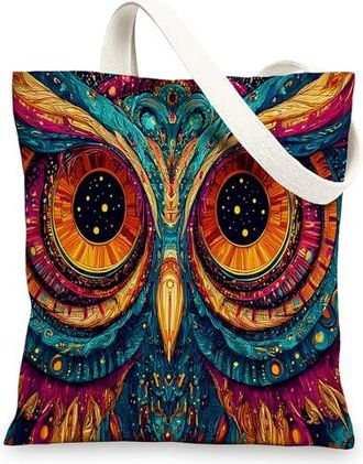 Generic Sacs fourre-tout en toile motif hibou artistique, sacs dépicerie réutilisables, légers et lavables, style bohème, coloré, 13x15 Inch