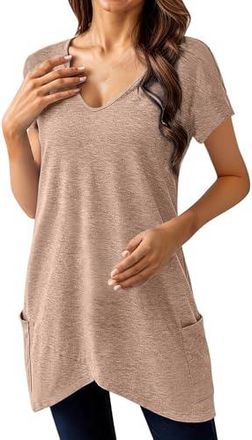 Generic Tunique &agrave; col en V avec poches pour femme - Coupe ample - Manches courtes - T-shirt long pour leggings - Travail et voyage - Doux et l&eacute;ger - Pour l&eacute;t&eacute;