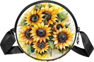 Generic Petit sac &agrave; bandouli&egrave;re rond pour femme, motif tournesols avec fermeture &eacute;clair, bretelles r&eacute;glables, sac &agrave; main rond d&eacute;contract&eacute; pour femmes et fille