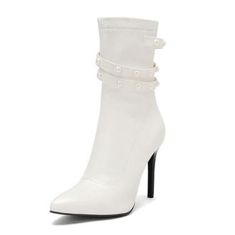 Generic Bottines habill&eacute;es &agrave; bout pointu pour femme avec fermeture &eacute;clair et talons aiguilles et perles &eacute;l&eacute;gantes pour f&ecirc;te, mariage, blanc, 39.5 EU