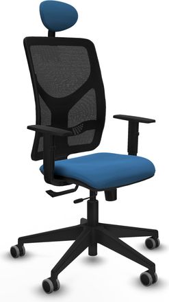 Piqueras y Crespo B&uuml;rostuhl mit 1D-Armen, h&ouml;henverstellbare Lendenwirbelst&uuml;tze und festes Kopfteil, ausgestattet mit Syncro/Traslack und Schneideschaum. Schwarz/Hellbla