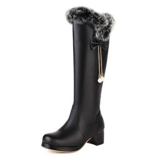 Generic Qynthra Bottes Femmes Genou Fausse Fourrure Bordure Noeud Décoratif Or Chaîne Tassels Talon Bloc Hiver Chaussures Romantique Rencontre Nuit,Noir,42 EU