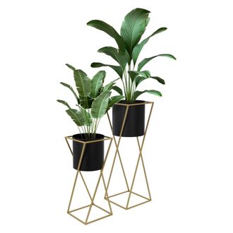 ML Design ML-Design Blumenst&auml;nder 2er Set, Schwarz-Gold, 21x21x51/24x24x70,5 cm, Stahl, Blumentopfst&auml;nder mit &Uuml;bertopf, Metall Pflanzenst&auml;nder, Blumentopfhalter