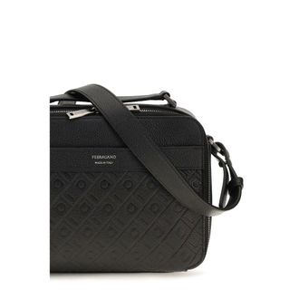 Ferragamo Embossed Gancini Calf Leather Shoulder Bag - Black