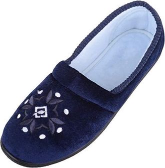 Absolute Footwear Chaussons à Enfiler en Velours avec Motif brodé pour Femme, Bleu Marine, 41 EU