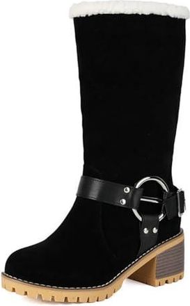 Generic Bottes de neige pliables avec sangle à boucle pour femme - Confortables - Talon épais - Bout rond - Chaussures dhiver chaudes, Noir, 37.5 EU