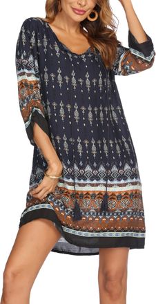 Beyove Damen Bohemian Tunika Kleid Strandkleid Tunikakleider Vintage Strandtunika 3/4-Arm Rundhals Kleid Blumenmuster Kurzes Sommerkleider Tops Muster 5 XXL