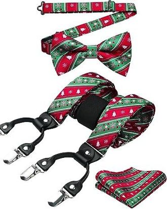 Hisdern Bretelles de Noël pour Hommes, Bretelles Homme et Noeud Papillon Carré de Poche Forme Y avec 6 Clips Solides