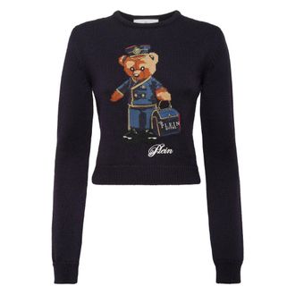 Philipp Plein Femme, Pulls, Bleu, Taille: 36 FR Cropped Round Neck Pullover Teddy Doorman