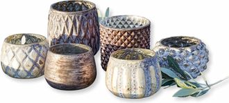 Loberon Windlichter 6er Set Fajolle, Diverse Muster & Größen, Nostalgischer Look, mit Bauernsilber-Finish oder Bemalung, Kerzenhalter, Dekoration, Glas, grau/