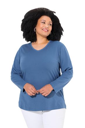 Ulla Popken Damen V-Ausschnitt, Relaxed, Basic-V-Shirt, Langarm, Tintenblau, 62-64 EU