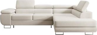 Selsey STEVIL - Ecksofa L-Sofa mit Schlaffunktion, Bettkasten, Ottomane rechts, Veloursbezug Hellbeige