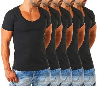 Young & Rich Herren Uni T-Shirt mit extra tiefem V-Ausschnitt Slimfit deep V-Neck Stretch dehnbar Basic Shirt 1315, Gr&ouml;sse:3XL, Farbe:Schwarz - 5 St&uuml;ck