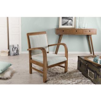 Macabane Macabane - dak - Fauteuil bois teck scandi tissu bleu clair p&eacute;tales