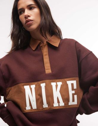 Nike Studio Fleece sweat rugby oversize mi-&eacute;paisseur marron