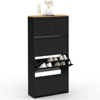 IDMarket Schuhm&ouml;bel 24 Paar Schuhe maxi Kapazit&auml;t ESTER 4 schwarze Metallt&uuml;ren und Holzplatte Industriedesign