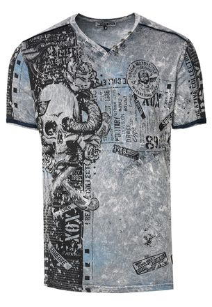 Rusty Neal Herren T-Shirt All Over Skull X Snake X Rose Print Wildleder-Band Knopf-Verzierung V-Neck Stretch Streetwear Used-Look Shirt 293, Farbe:Dunkel Grau, G