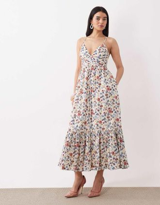 Abercrombie & Fitch Robe longue et fluide &agrave; imprim&eacute; fleuri avec col V et soutien-gorge int&eacute;gr&eacute;-Blanc