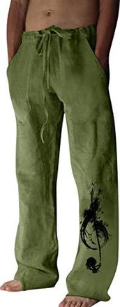 Generic Pantalon d&eacute;t&eacute; pour homme l&eacute;ger en lin : pantalon de loisirs avec cordon de serrage pantalon en lin avec imprim&eacute; pantalon de plage respirant coupe ajus