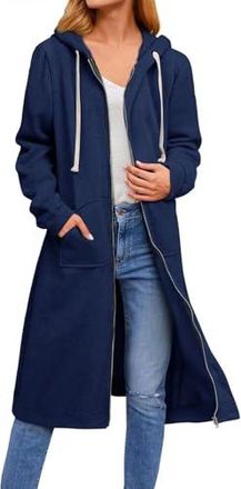 Generic Chandail à capuche long pour femme avec fermeture éclair, surdimensionné, décontracté, à manches longues, en polaire, veste tendance avec poche, bleu 