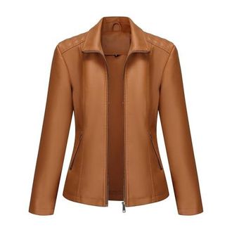 Generic Veste de moto en cuir synth&eacute;tique pour femme avec fermeture &eacute;clair - Tendance - Veste de sortie fine &agrave; fermeture &eacute;clair, camel, XXL