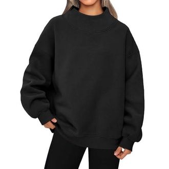 Generic Sweat Shirt &agrave; col Rond pour Femme, Pull Oversize &agrave; col roul&eacute;, Manches Longues, Haut d&eacute;contract&eacute;, Noir, Taille L