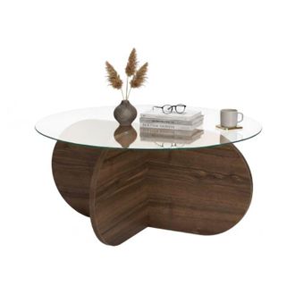 Dmora Kaffeetisch Cugnoli, rund, Glasplatte, Transparent, 75x75x35h cm, Nussbaum Braun