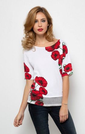 Passioni Strickpullover Kurzarm-Pullover mit Mohnblumen-Print