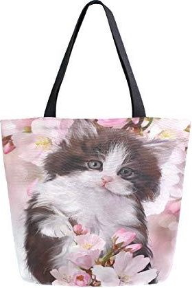 Mnsruu Grand sac fourre-tout réutilisable pour femme avec motif floral aquarelle et chat - Grand sac à main décontracté pour le shopping, les courses, les vo
