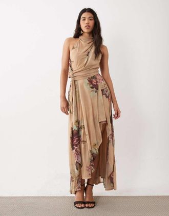 Asos robe longue asym&eacute;trique en mousseline stretch drap&eacute;e &agrave; col b&eacute;nitier et dos nu en camomille-Multi