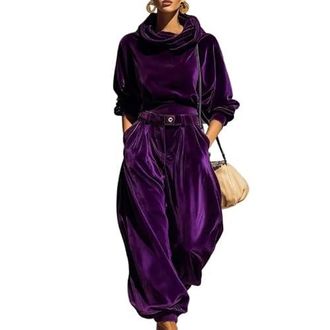 Generic Surv&ecirc;tement 2 pi&egrave;ces pour femme avec capuche et manches longues, pantalon large en velours avec poches, violet, XXL