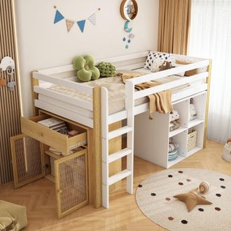 Myboo Kinderbett Hochbett 90x200, mit 2 Aufbewahrungsschrank und Leiter, Platzsparendes Kinder Etagenbett Jugendbett Holzbett Bettrahmen mit Rausfallschutz 